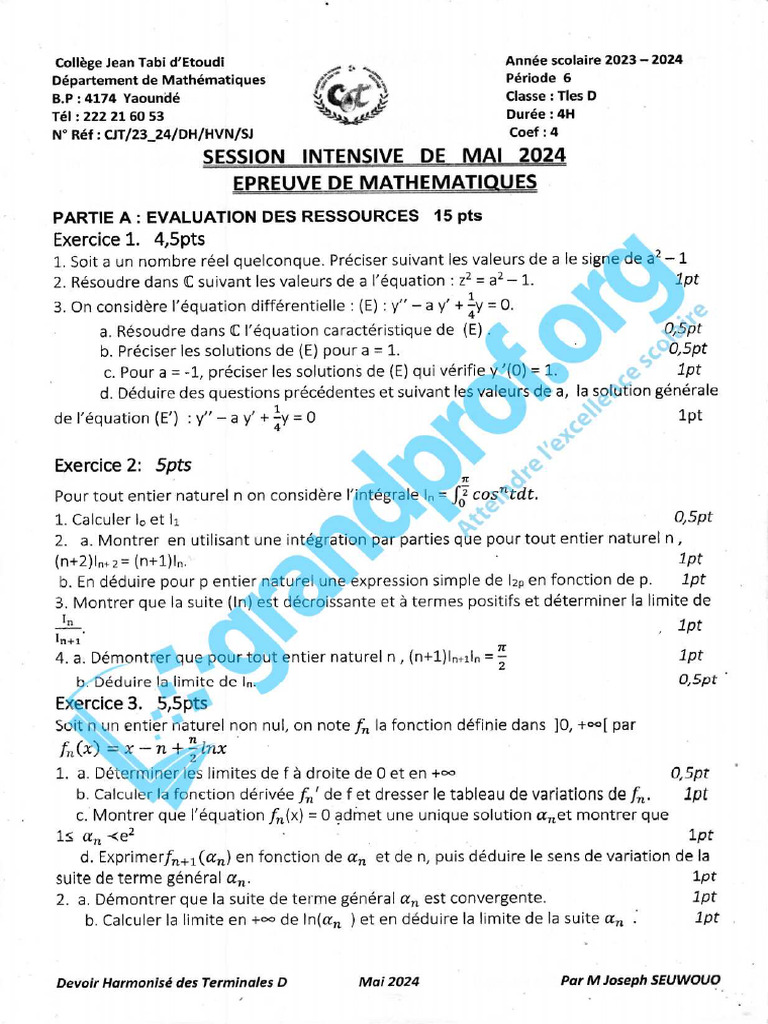 Maths TleD BAC Blanc College Jean Tabi Mai 2024 | PDF