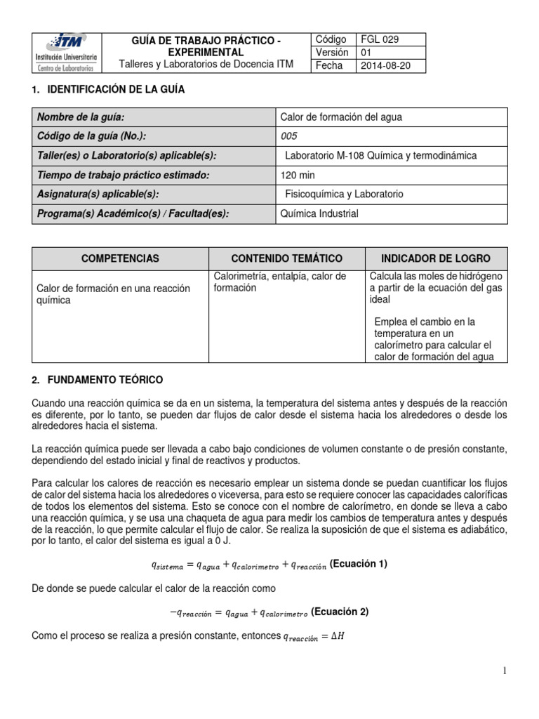 FGL 029 Calor Formación Agua | PDF | Entalpía | Calor