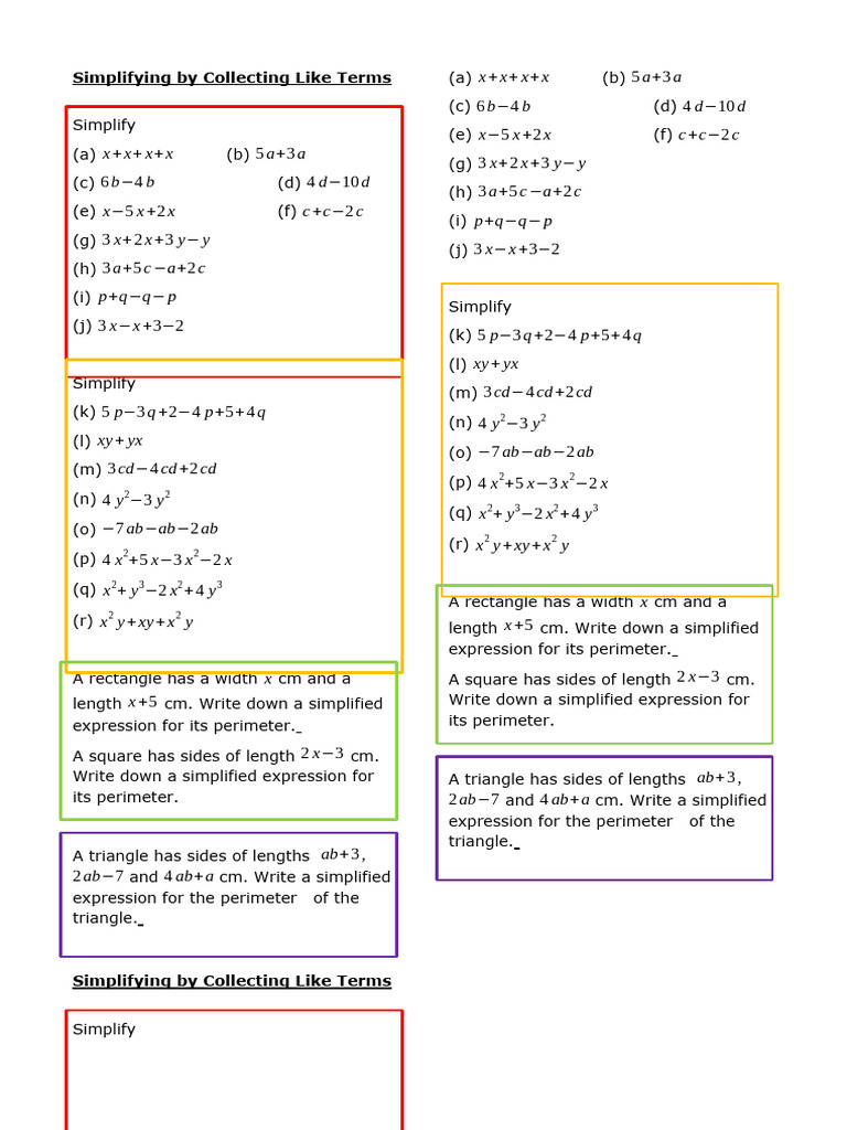Simplifying by Collecting Like Terms Pra | PDF | Length | Units Of ...