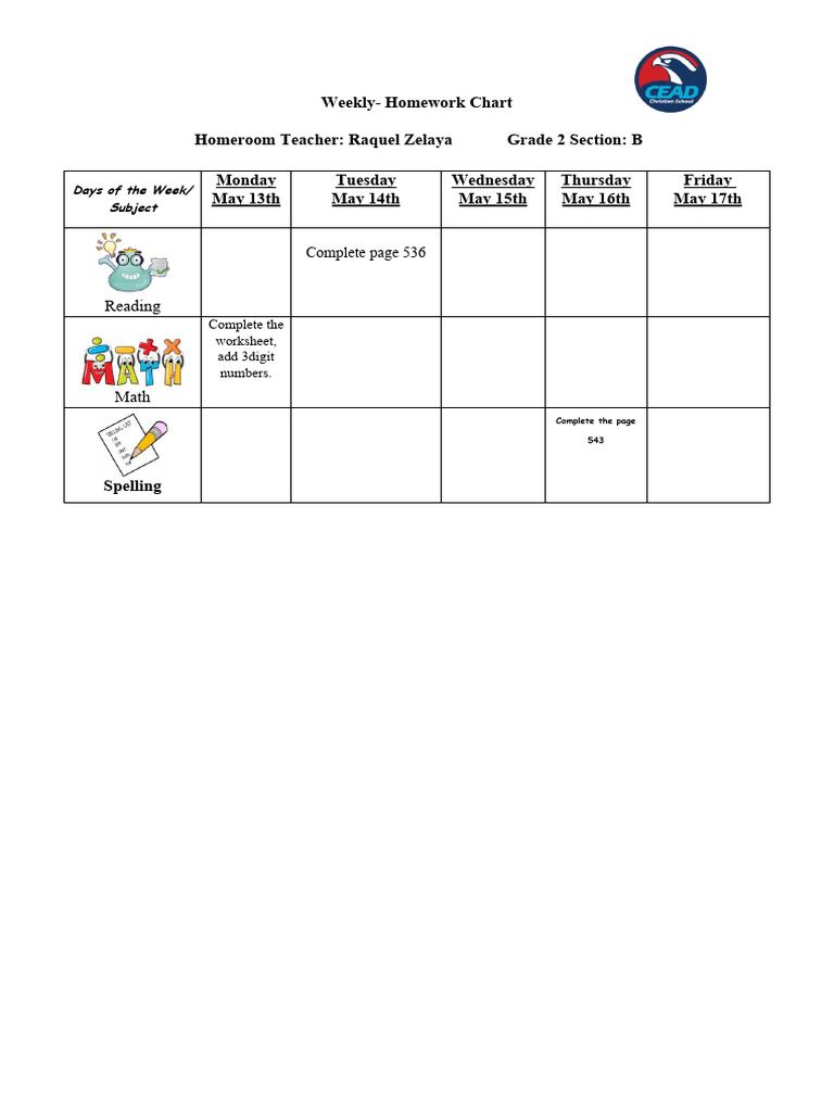 Weekly Homework Chart 2B May 13th | PDF