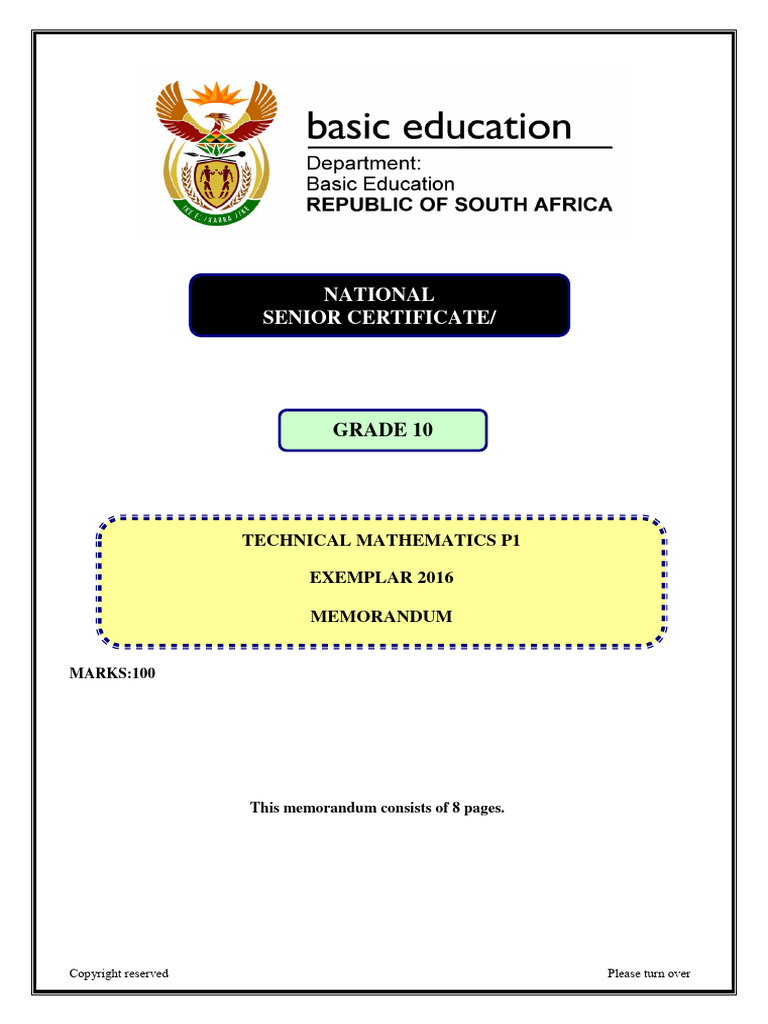 Technical Mathematics P1 Grade 10 Exemplar Eng Memo | PDF ...