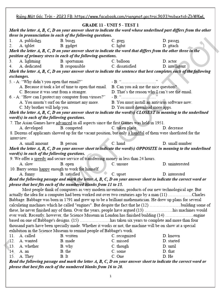 Đề kiểm tra Friends Global GRADE 11 - UNIT 5 - TEST 1 - ĐỀ | Download ...