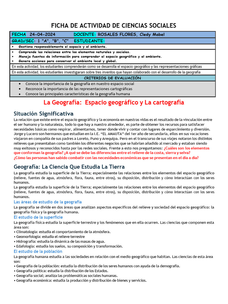 Ficha de Actividad CCSS 1° - Semana 1 Uni 2 | PDF | Mapa | Geografía