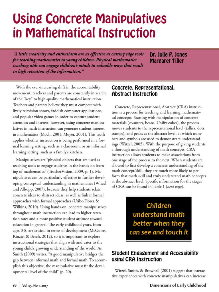 Using Concrete Manipulatives in Mathematical Instruction. | PDF ...