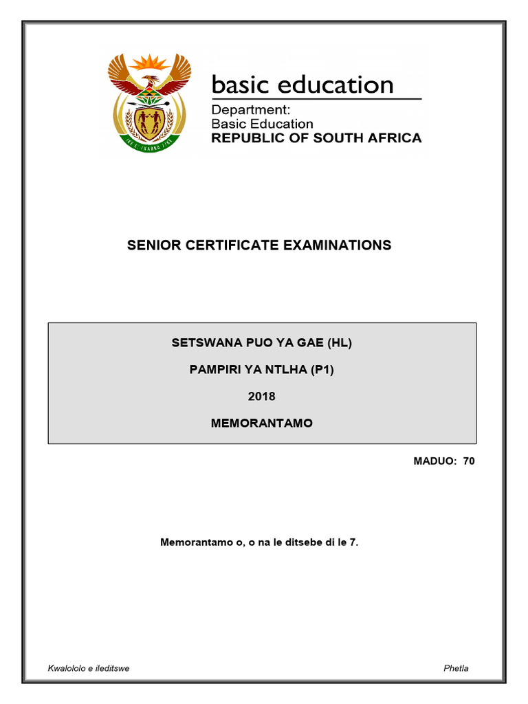 Setswana HL P1 May-June 2018 Memo | PDF