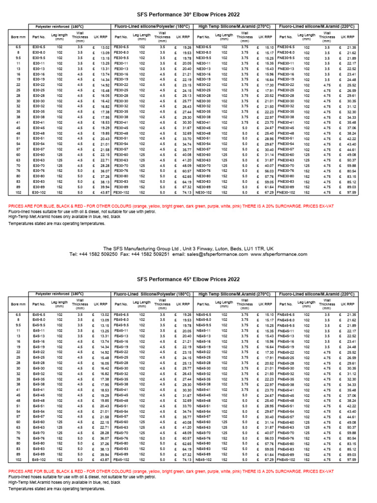 SFS Elbow Prices 2022: 30°, 45°, 60° | PDF | Diesel Fuel