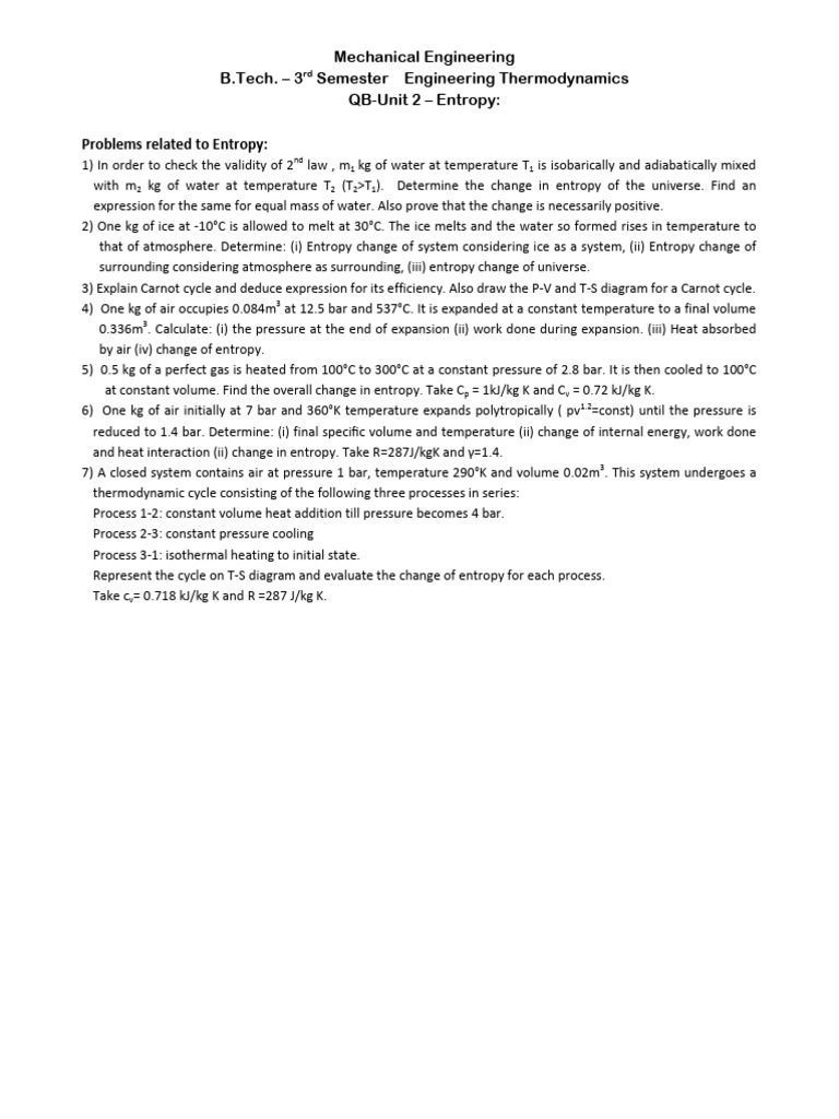 Engg. Thermo - QB - Unit 2 (Entropy) | PDF