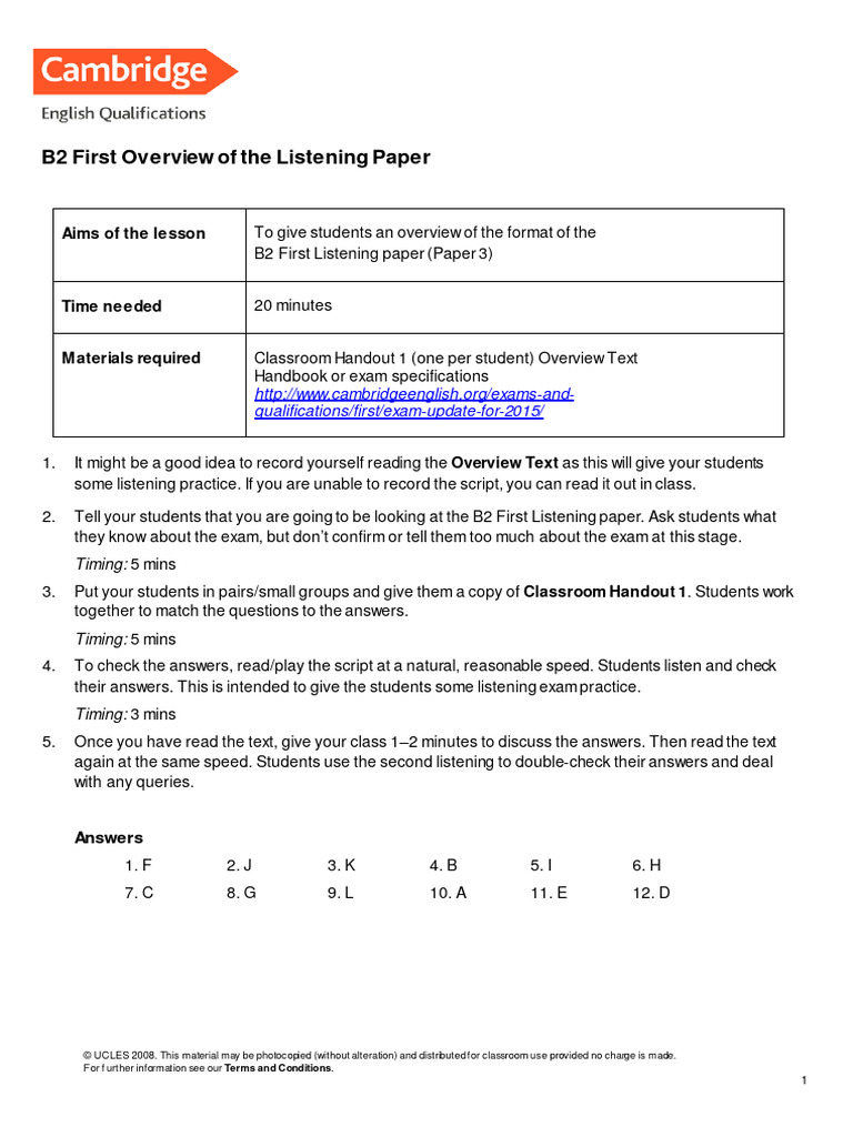 Cambridge English b2 First Listening Overview | PDF | Multiple Choice