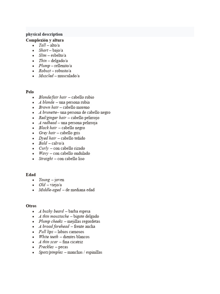 Guía de Descripción Física | PDF | Cabello humano | Anatomía humana