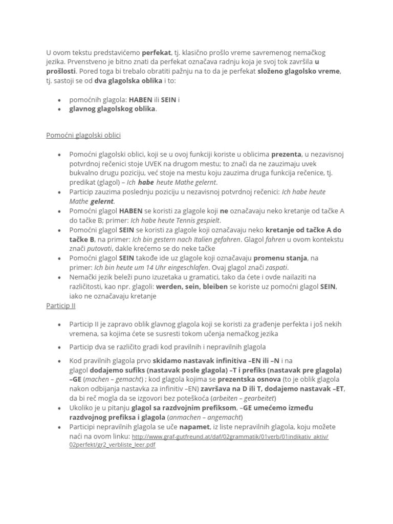 Opste Odlike Perfekta Nemacki Jezik | PDF