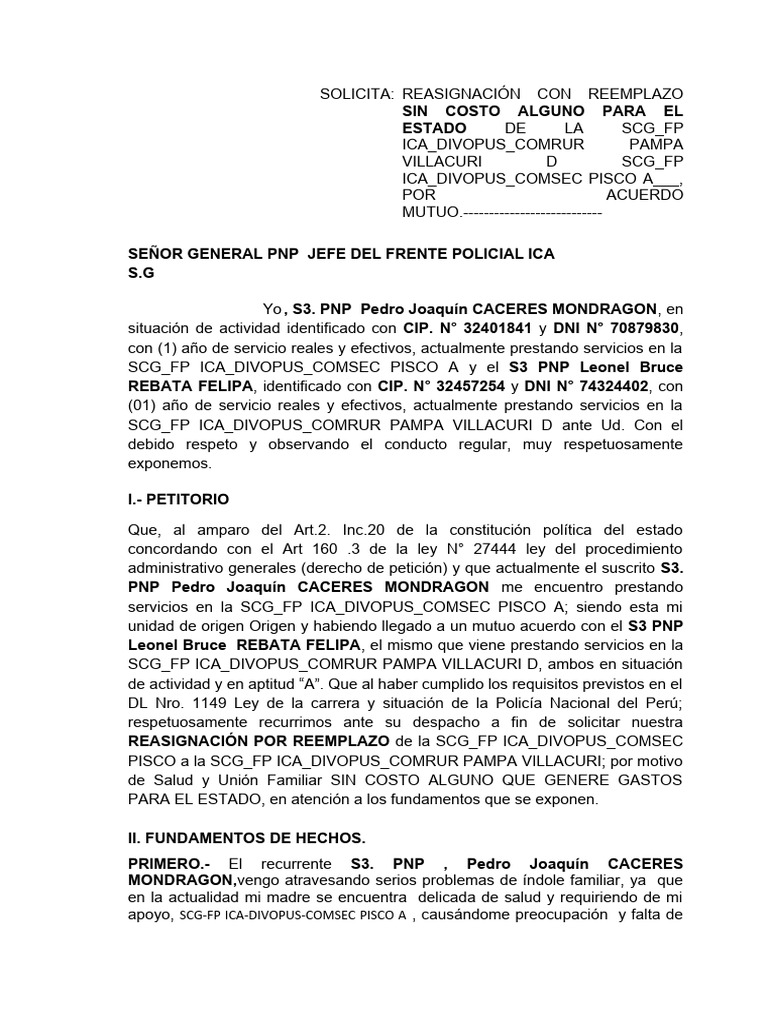 SOLICITUD - PERMUTA DE 2 INTERNA - Leonel Bruce REBATA FELIPA | PDF | Policía | Perú