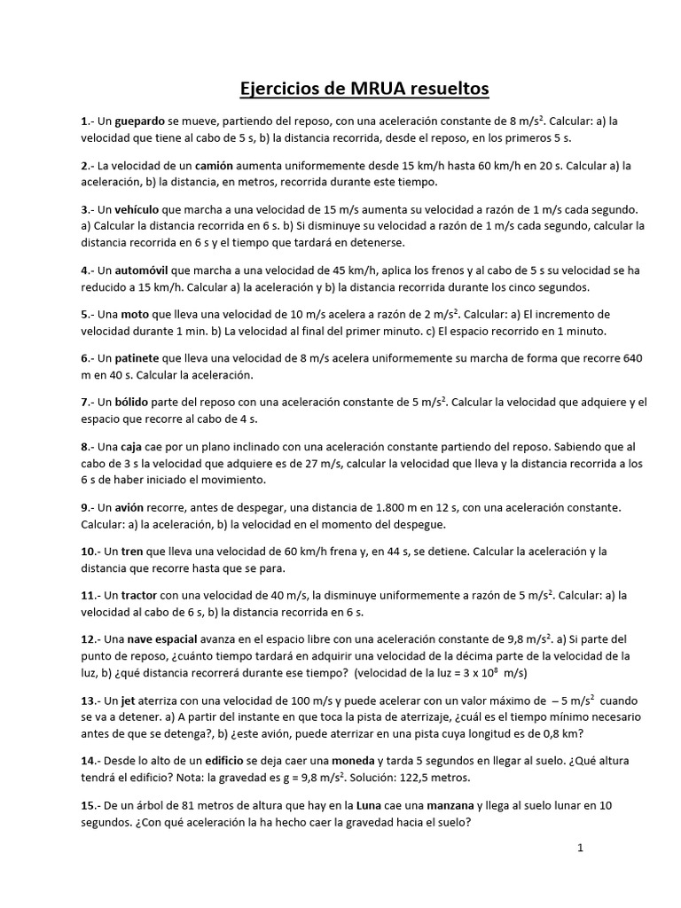 Ejercicios Resueltos de MRUA | PDF | Velocidad