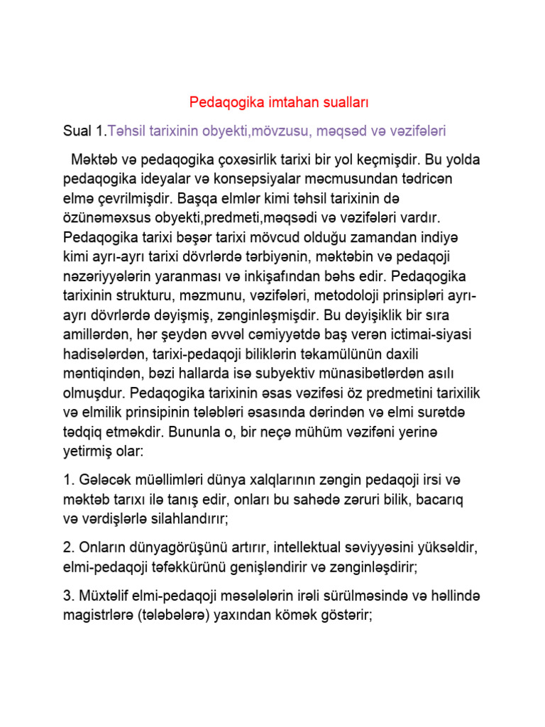 Pedaqogika Imtahan Sualları | PDF