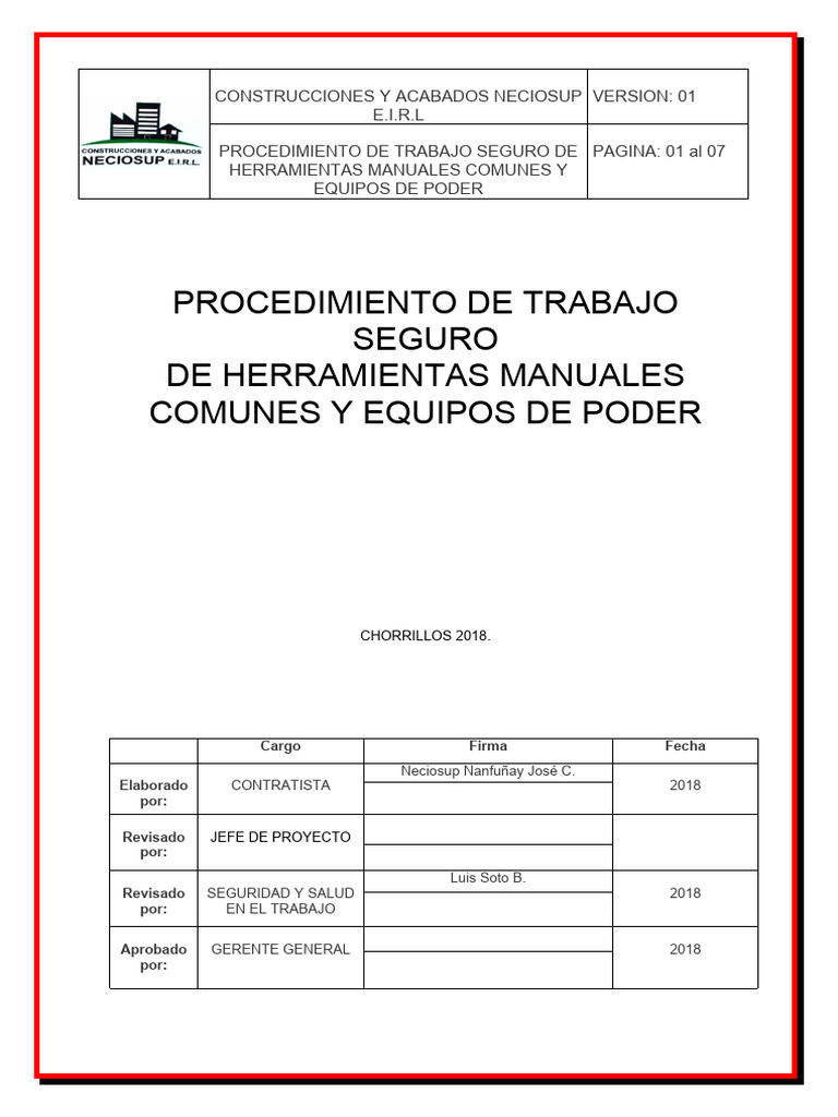 Procedimiento de Herramientas Manuales Comunes y Equipos de Poder Ok | PDF | Herramientas ...