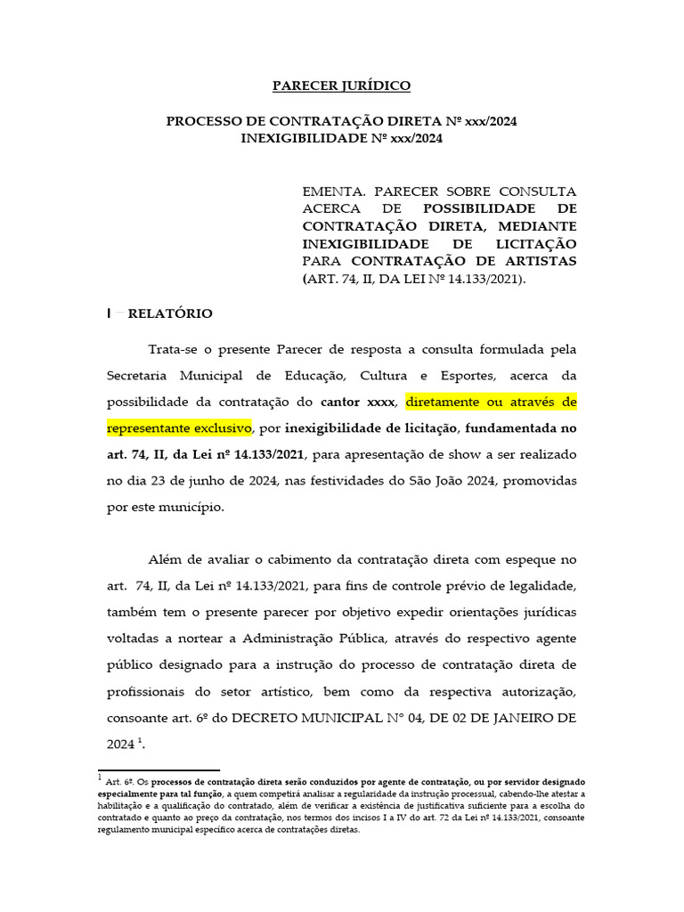 Modelo de Parecer Inexigibilidade Licitação Contratação Artista Pela ...