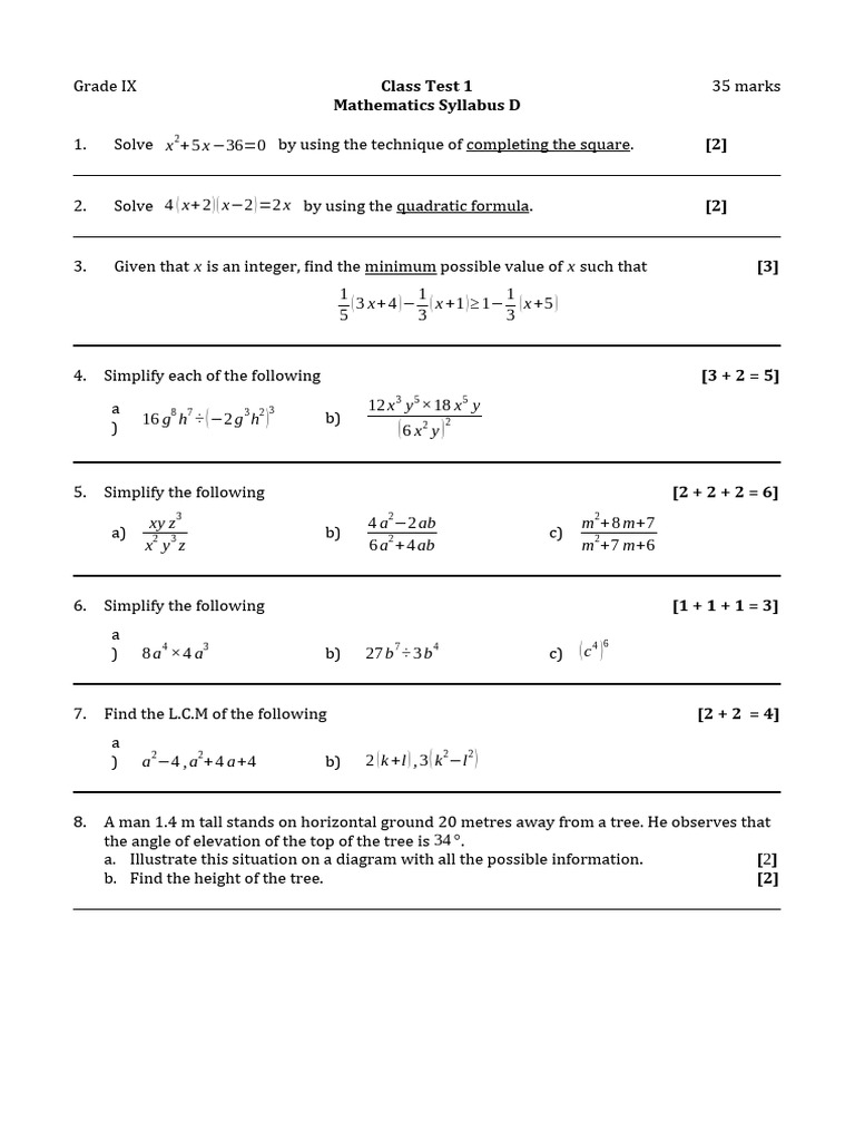 Grade 9 Math D Class Test 1 | PDF | Mathematics