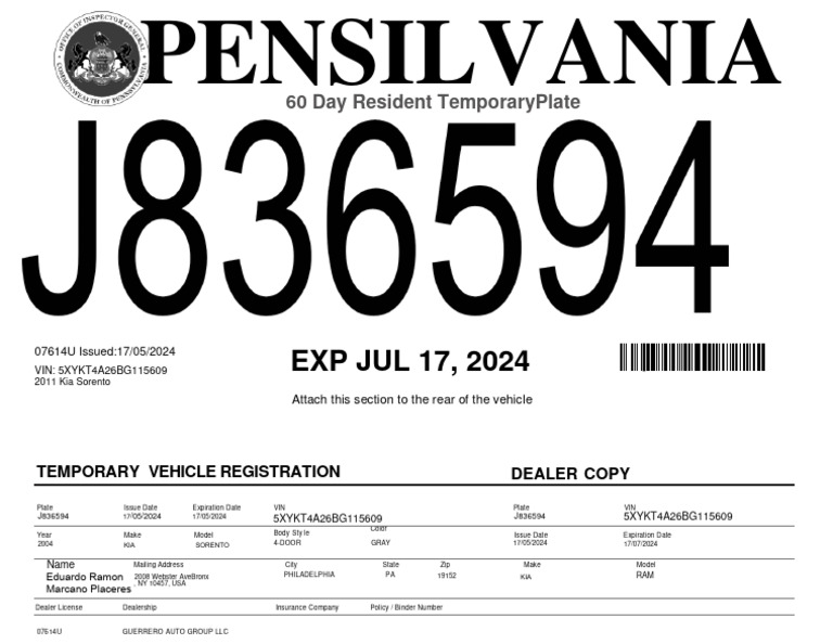 Temporary Vehicle Registration Form PA | PDF