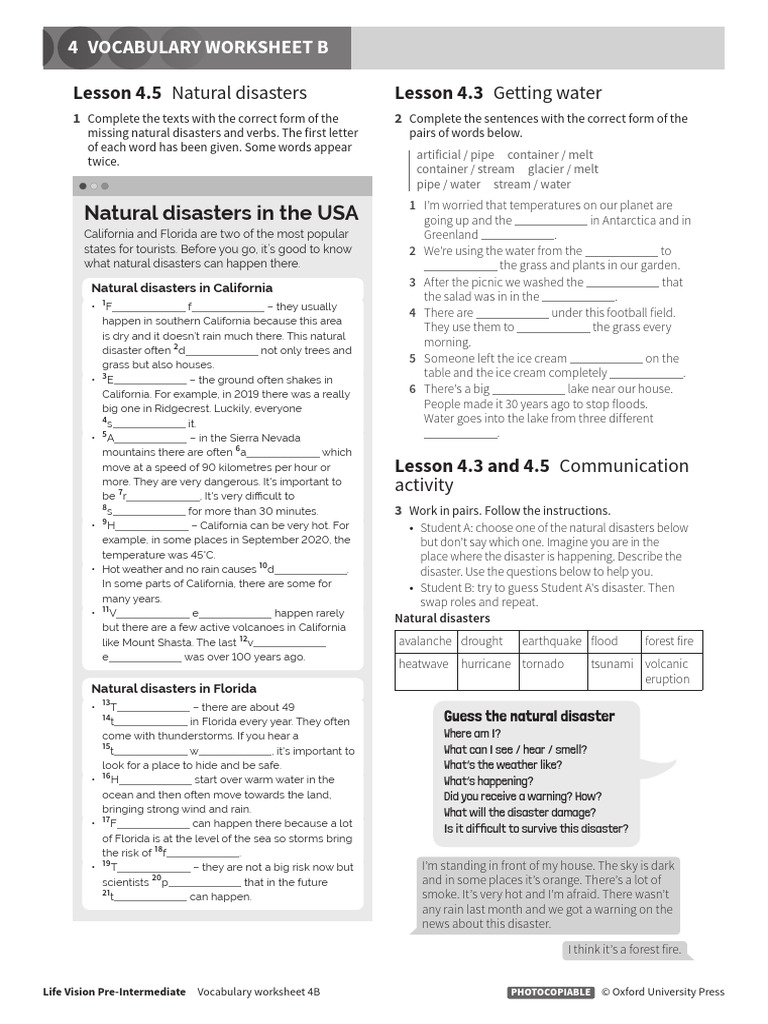 Life Vision Pre-Int Vocab Worksheet B U4 | PDF | Natural Disasters | Volcano