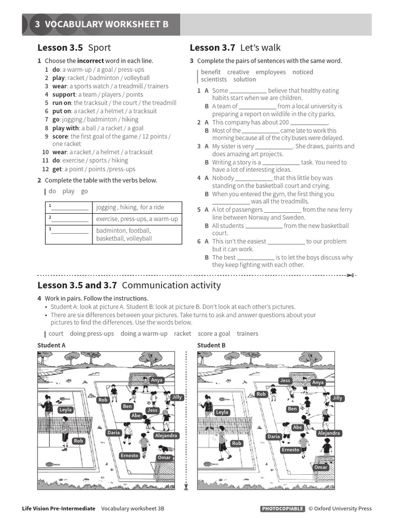 Life Vision Pre-Int Vocab Worksheet B U3 | PDF