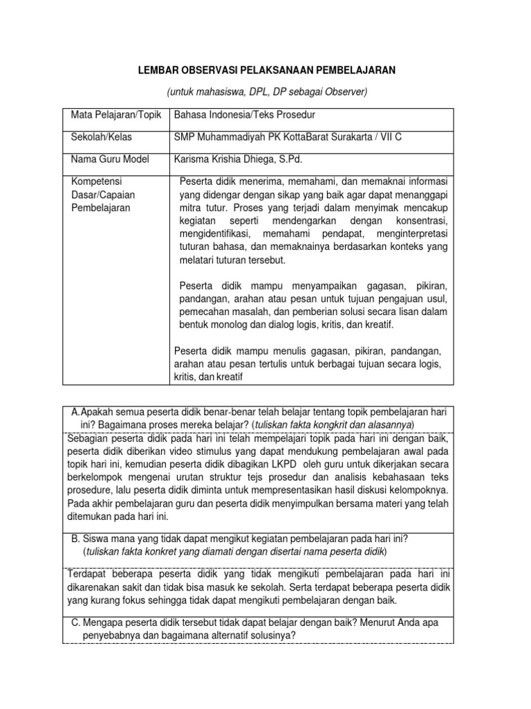 (Siklus 3) Lampiran 5. LK 4 Format Lembar Observasi Pelaksanaan Pembelajaran Untuk Observer ...