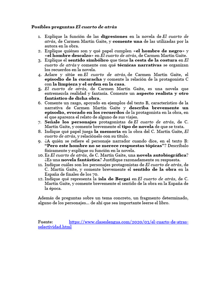 Posibles Preguntas El Cuarto de Atrás | PDF