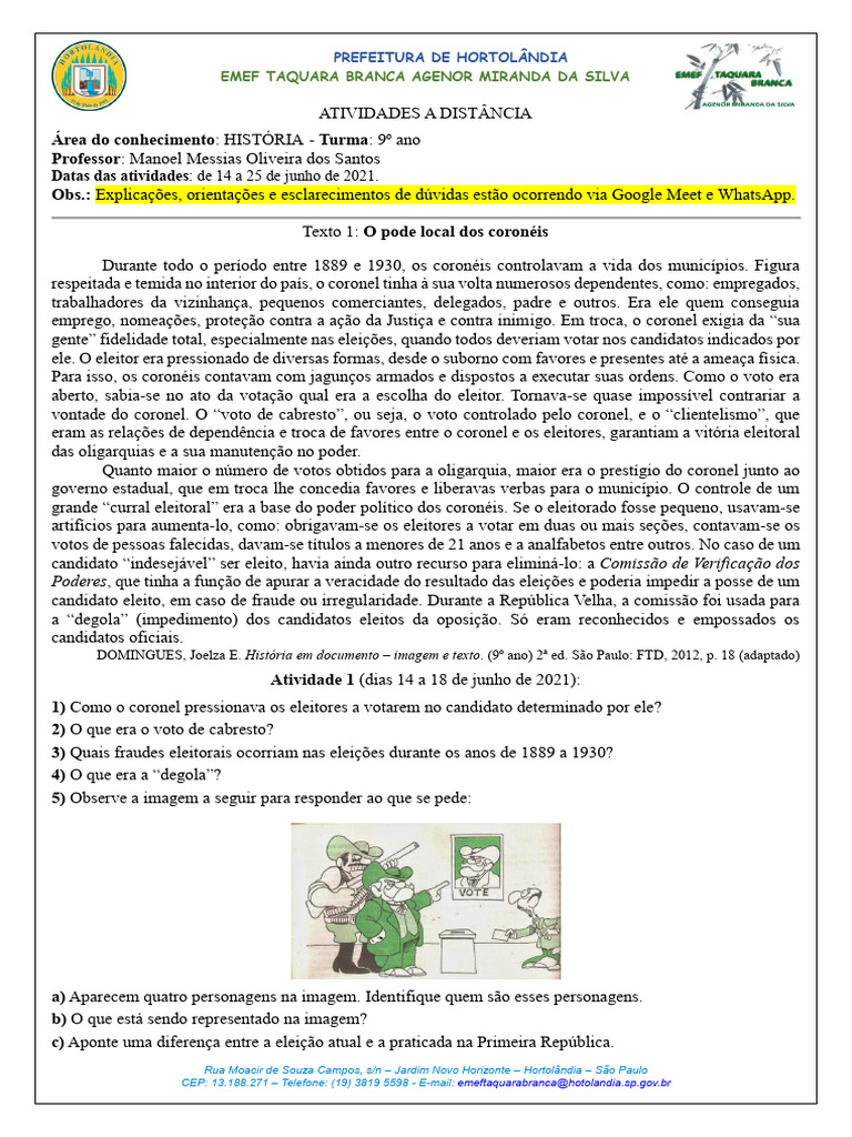 Profº Manoel História Roteiro de Atividades 9º Ano de 14 A 25-06 | PDF | Brasil