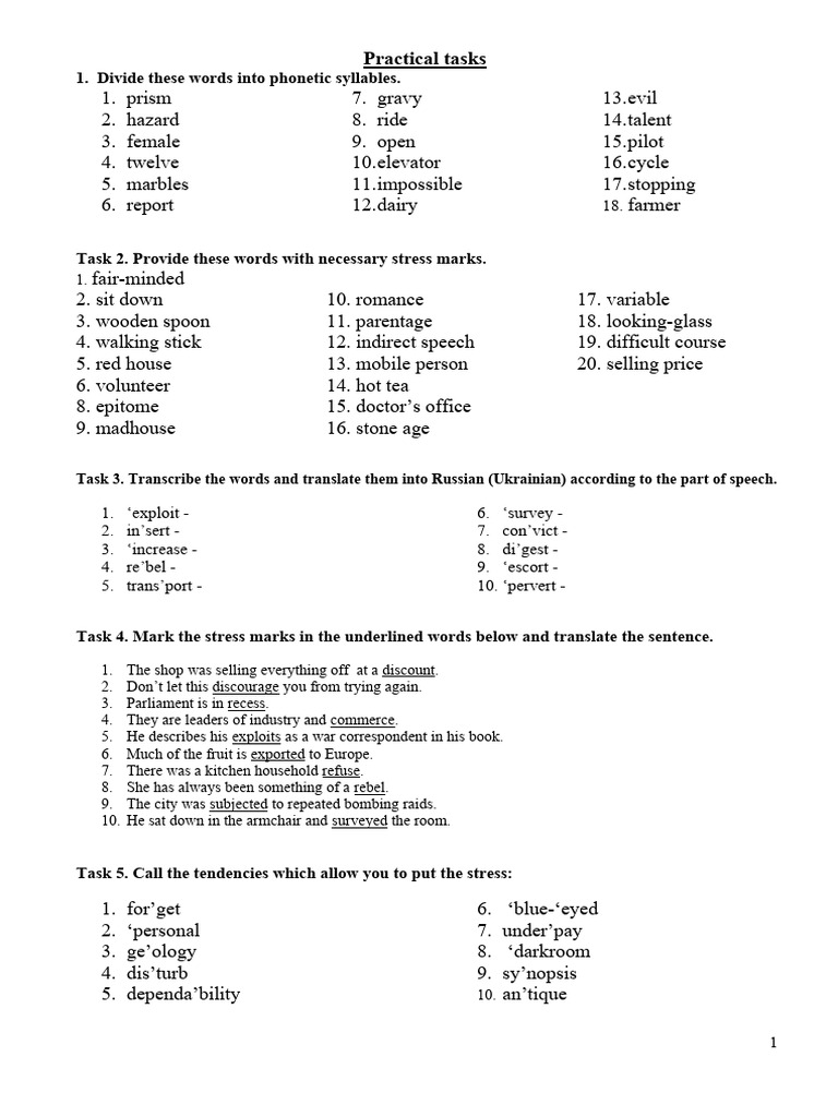 Practical Tasks Word Stress Office Word | PDF | Stress (Linguistics) | Phonetics