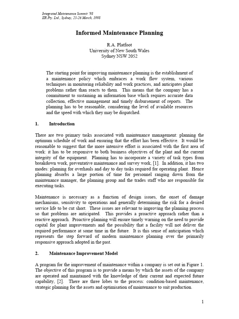 Informed Maintenance Planning Strategies | PDF | Reliability ...