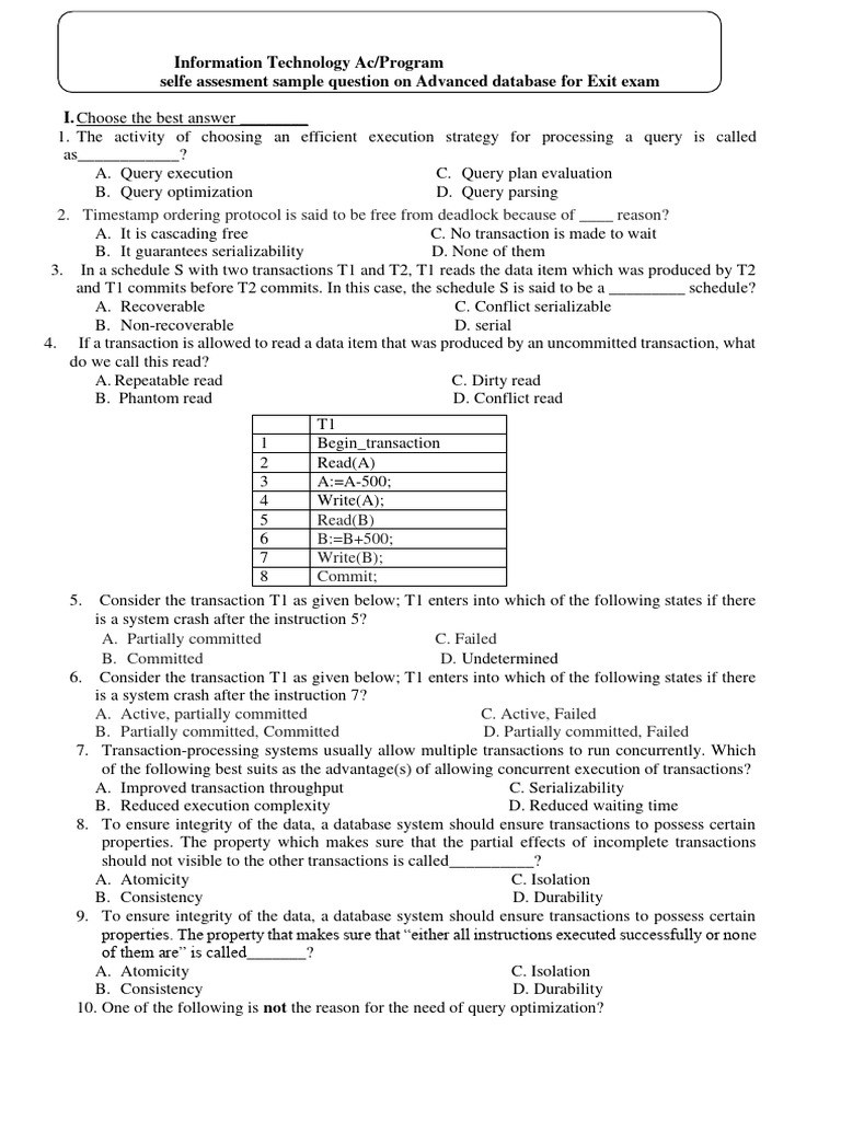 exit exam sample ADB | PDF | Database Transaction | Computing