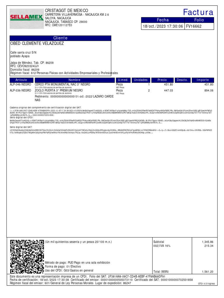 Factura CFDI Obed Clemente Velazquez | PDF