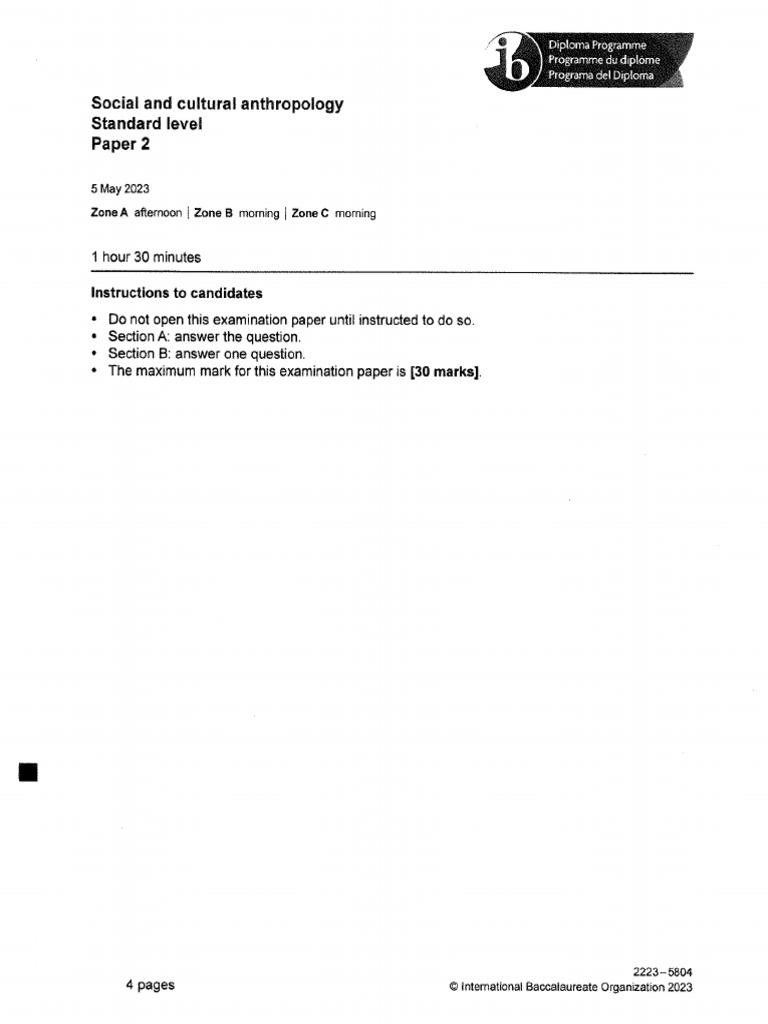 Social and Cultural Anthropology Paper 2 SL TZC | PDF
