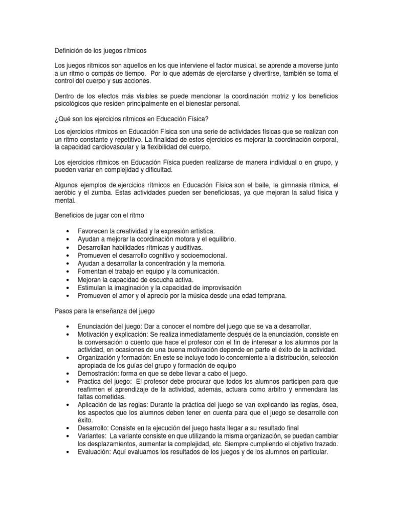 Beneficios de Juegos Rítmicos en Educación Física | PDF | Ritmo | Bailes