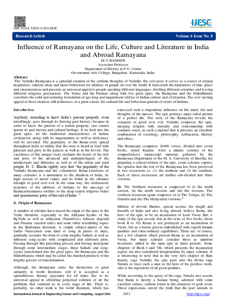 Ramesh, Y. Influence of Ramayana On The Life, Culture and Literature in India and Abroad ...