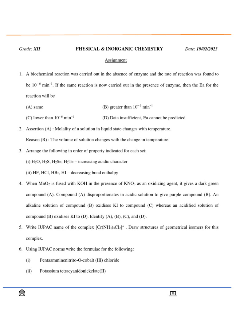 Physical Chemistry Assignment | PDF | Chemical Reactions | Water