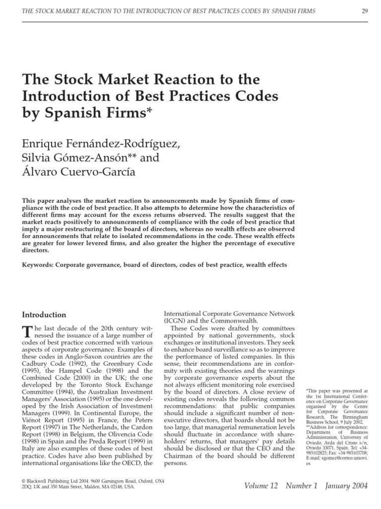 The Stock Market Reaction To The Introduction of Best Practices Codes ...