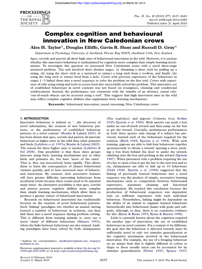 Taylor, Elliffe, Hund e Gray, 2010 - Complex Cognition and Behavioural Innovation in New ...