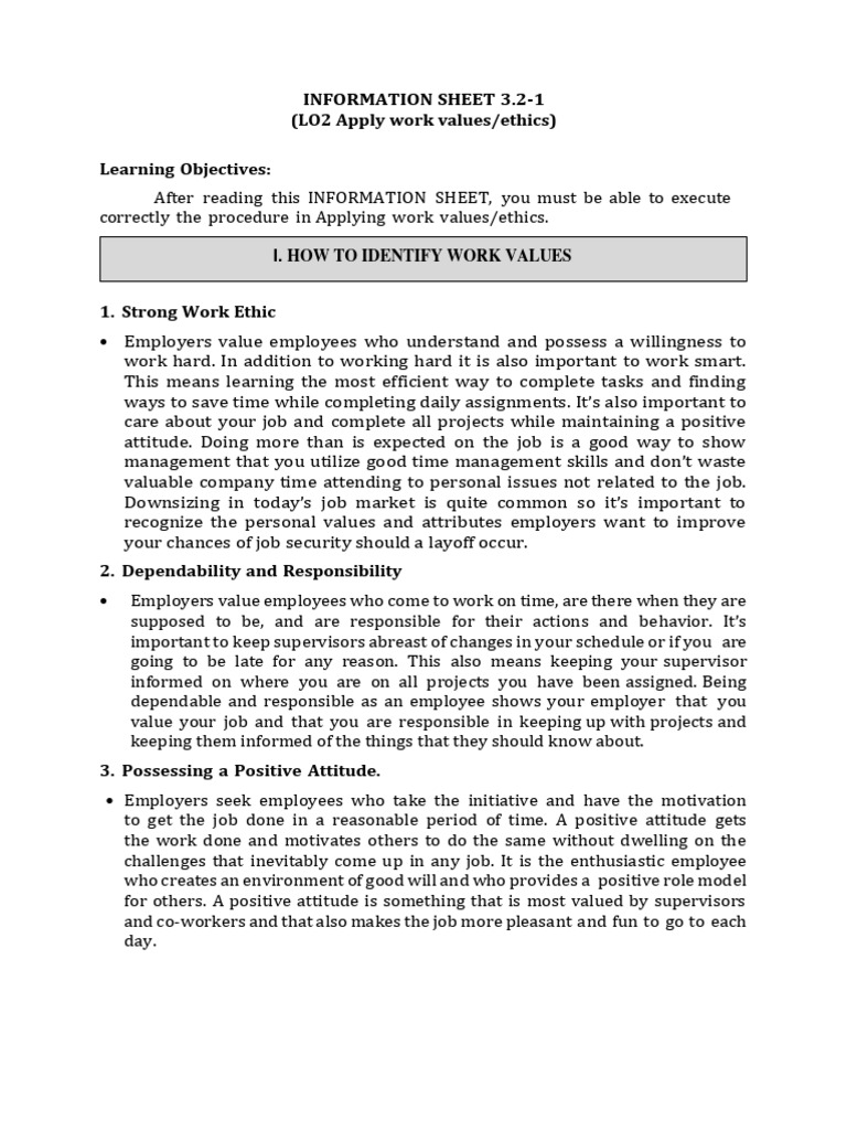 Work Values and Ethics for Employees | PDF | Employment | Attitude ...