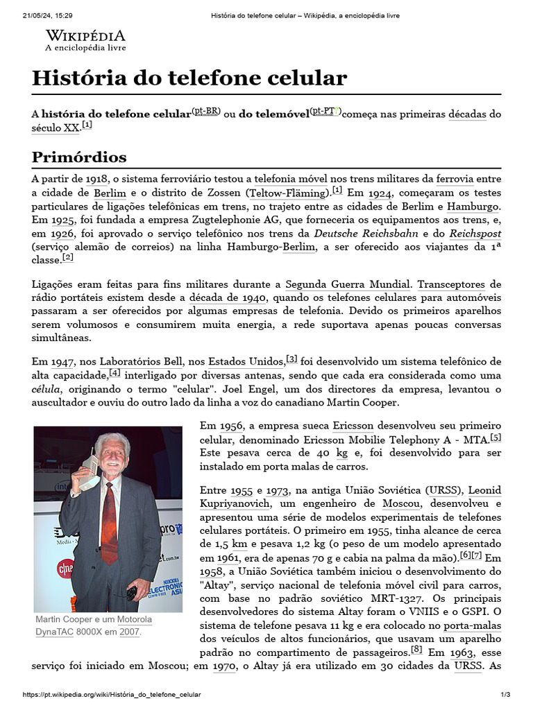 História Do Telefone Celular - Wikipédia, A Enciclopédia Livre | PDF ...