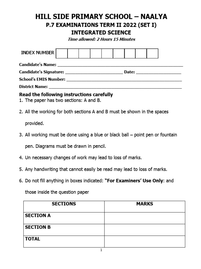 p7 Science Set 1 Term 2 Examinations Hill Side Primary School - Naalya ...