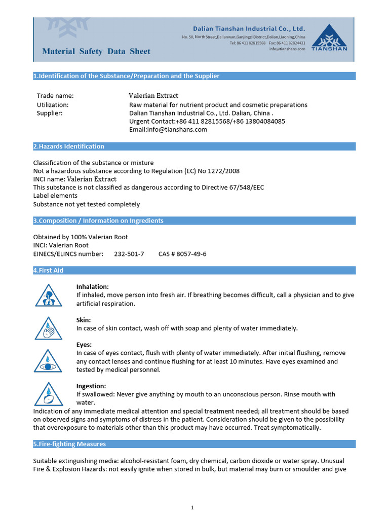 Valerian Extract Safety Data Sheet | PDF | Dangerous Goods | Safety