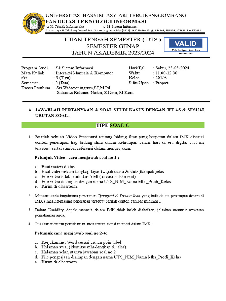 Soal UTS 2024 IMK-SI-2A-B.Wiwid-Tipe C | PDF | Komputer