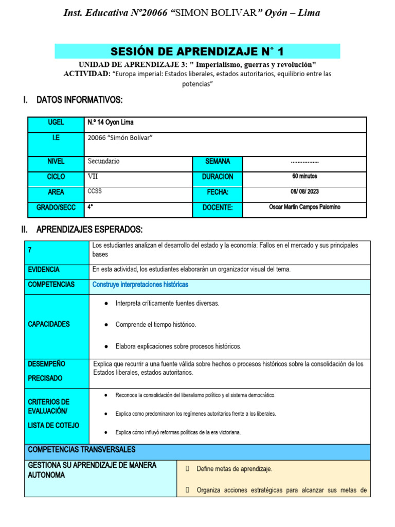Sesion CCSS 4° Sec-Semana 01 Uni 3 | PDF | Aprendizaje | Evaluación