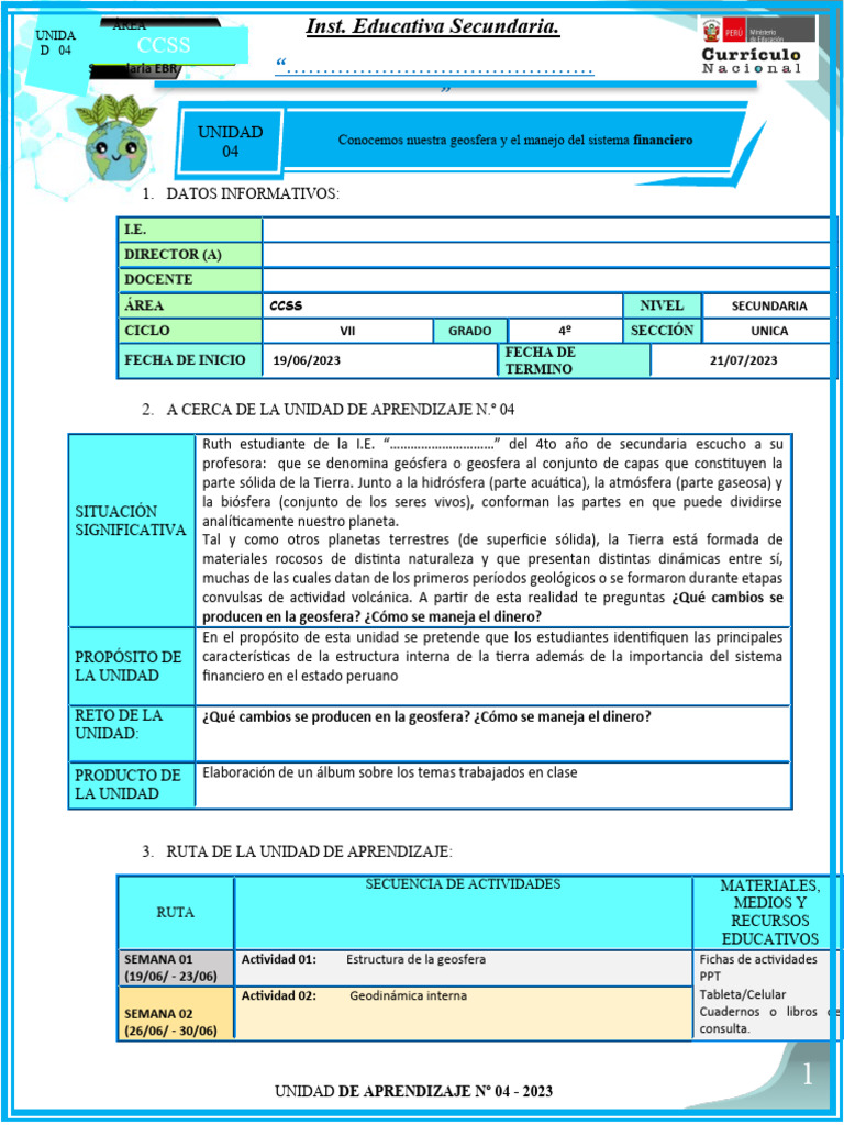 4º Unidad 4 CCSS - 2023 | PDF | Aprendizaje | Tierra