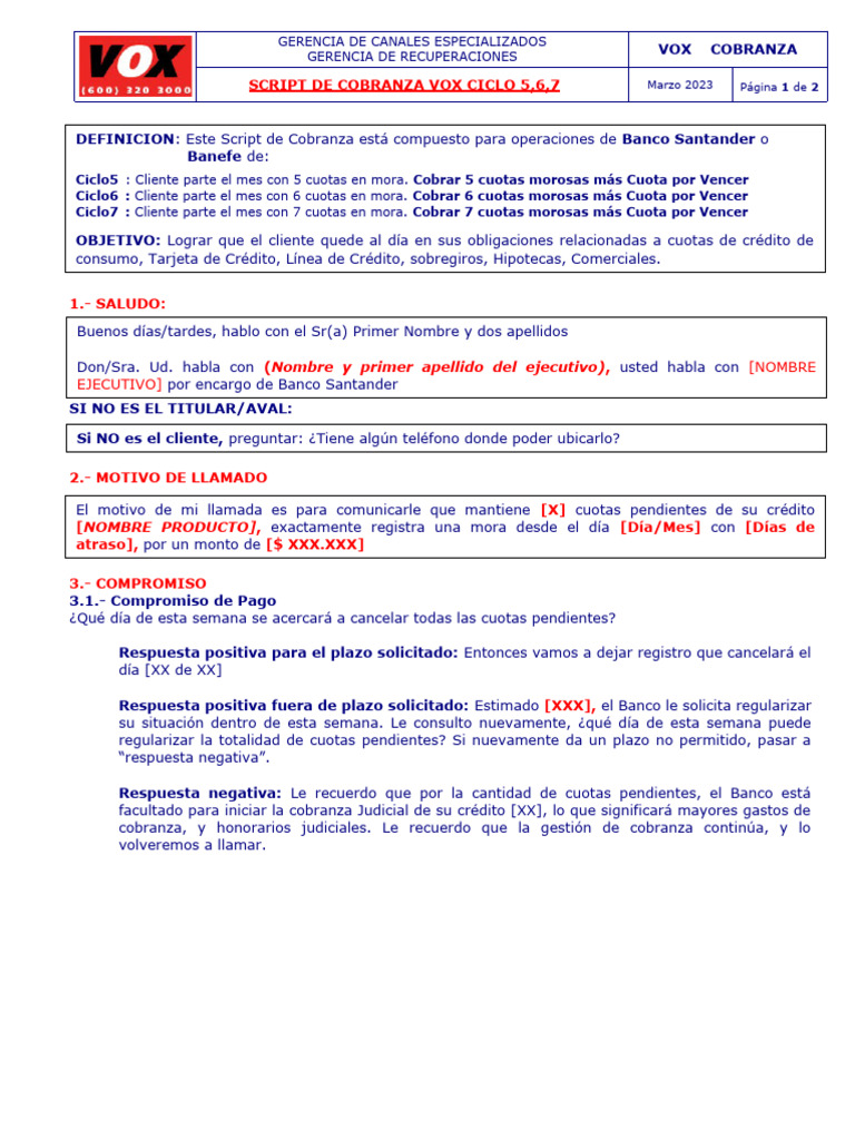 Script Cobranza Outbound Ciclo 5 o Superior - Externa - 2023 | PDF ...