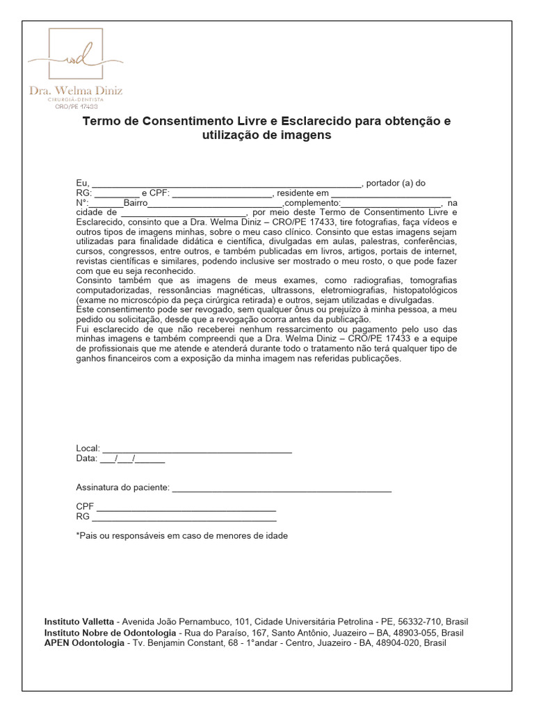 Termo de Consentimento Livre e Esclarecido para Obtenção e Utilização ...