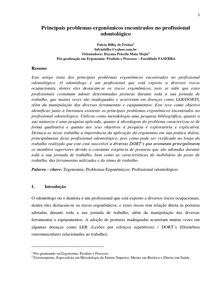 71-Principais Problemas Ergonomicos Encontrados No Profissional Odontologico | PDF | Fatores ...