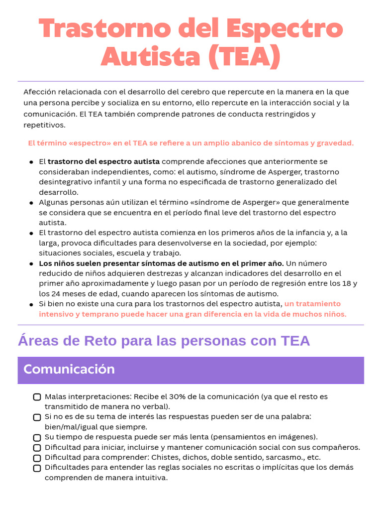 Trastorno Del Espectro Autista (TEA) : Áreas de Reto para Las Personas Con TEA | PDF | Espectro ...