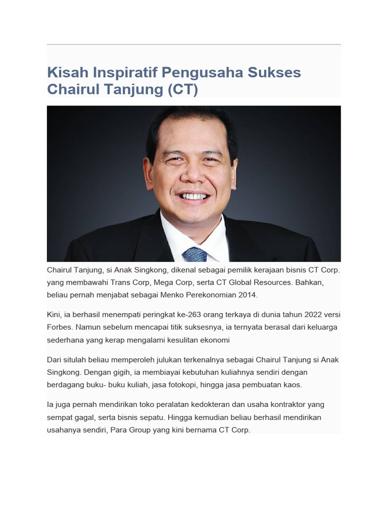 Kisah Inspiratif Pengusaha Sukses Chairul Tanjung | PDF | Karier ...