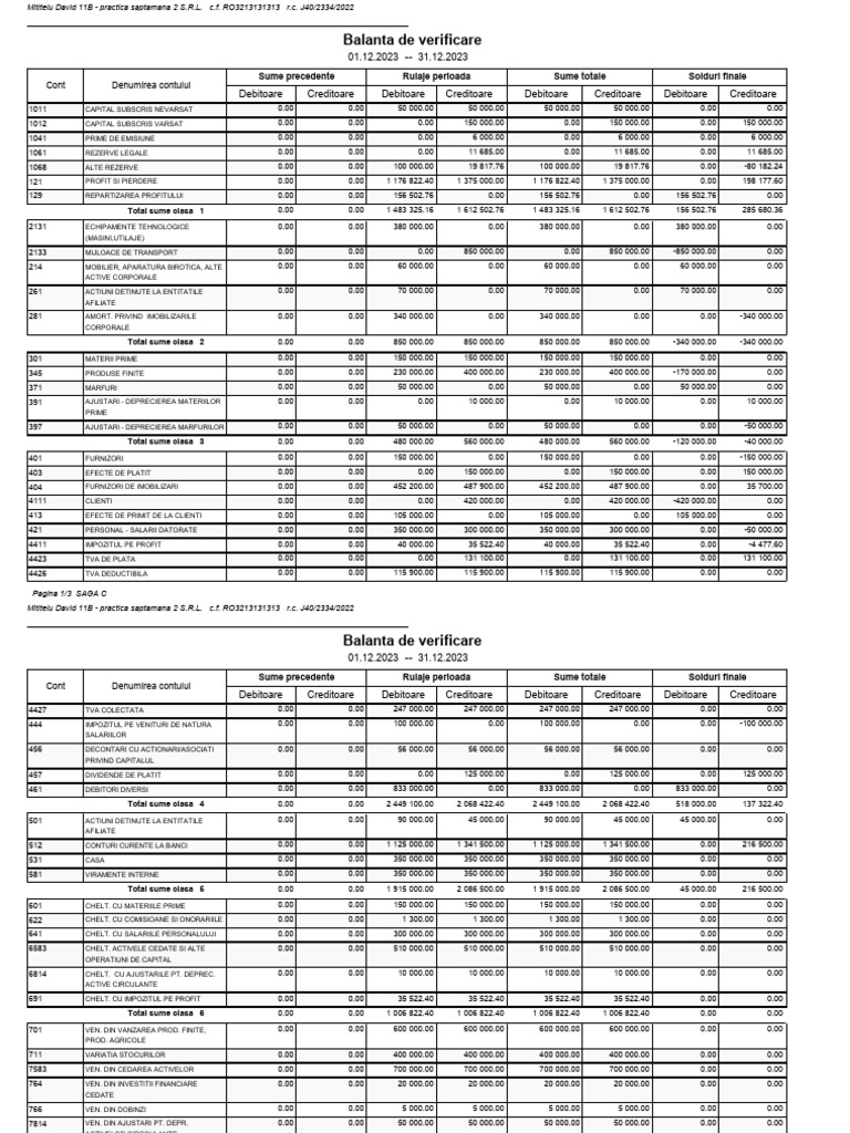 Balanta de Verificare: Cont Denumirea Contului Sume Precedente Rulaje ...