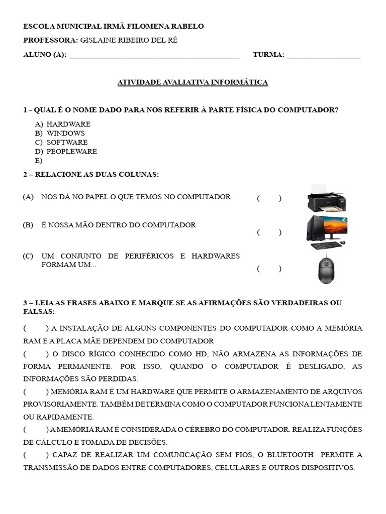 Atividade Avaliativa de Informática 5º Ano | PDF | Armazenamento de ...